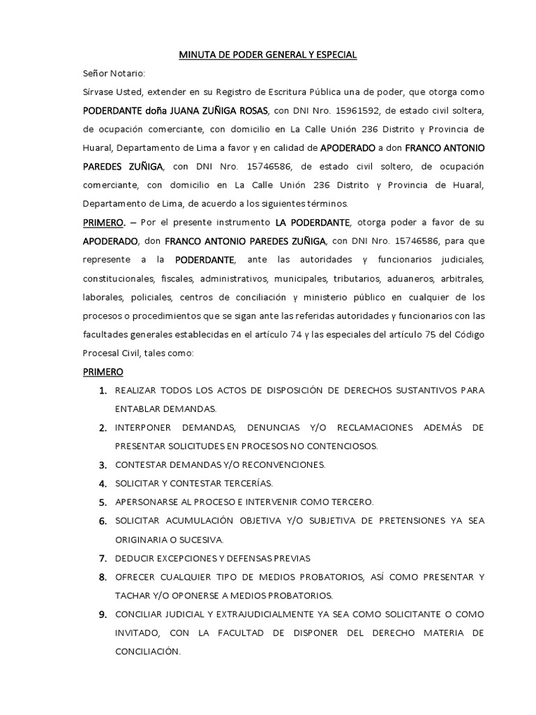 MINUTA DE PODER GENERAL Y ESPECIAL.docx | Ley procesal | Justicia