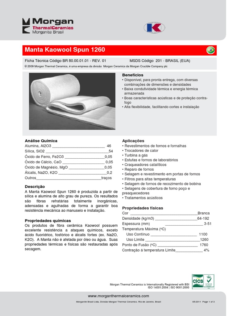 Ficha Tecnica Kaowool PDF | PDF | Dióxido de silício | Química
