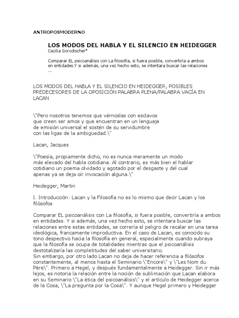 Los Modos Del Habla y El Silencio en Heidegger | PDF | Jacques Lacan ...