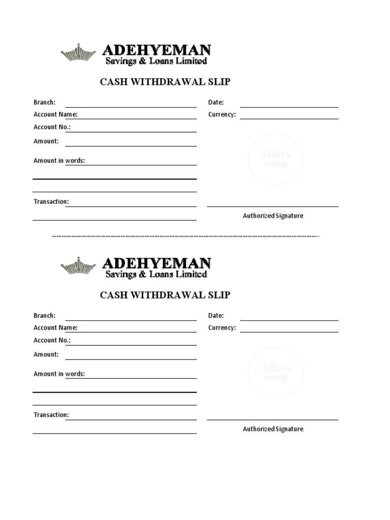 Cash Withdrawal Slip