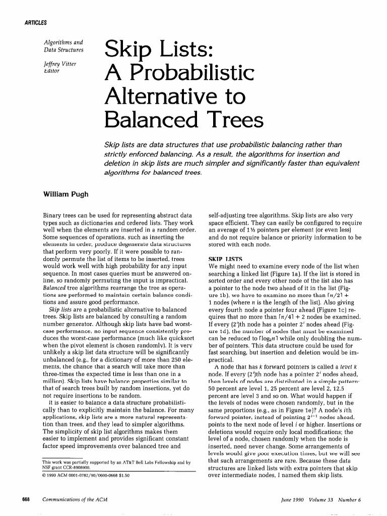 Skip Lists: A Probabilistic Alternative To Balanced Trees | PDF | Algorithms And Data Structures ...