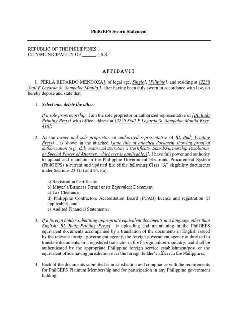 PhilGEPS Sworn Statement - 1102 | PDF | Sole Proprietorship | Justice