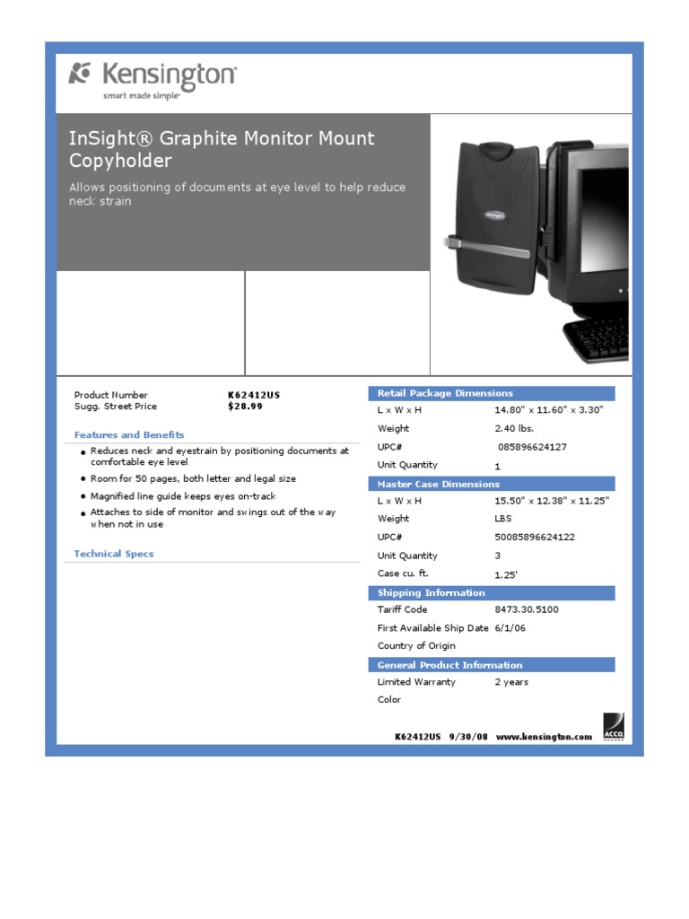 Insight® Graphite Monitor Mount Copyholder: Allows Positioning of ...