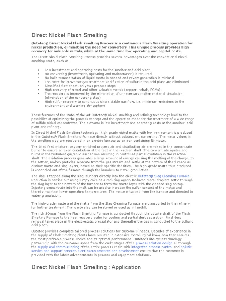 Direct Nickel Flash Smelting | PDF | Smelting | Business Process