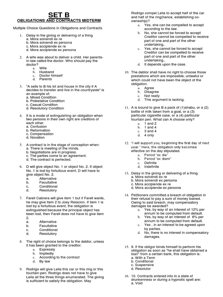 Midterm Oblicon Set B | PDF | Debtor | Contract Law