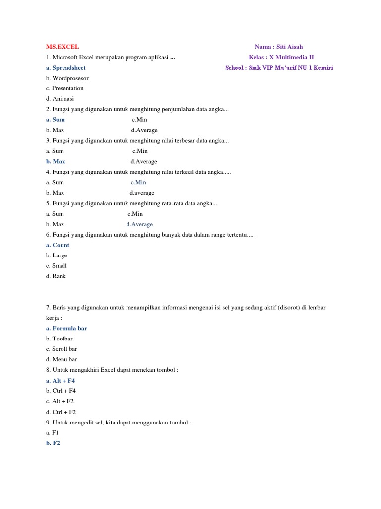 Kuis Excel untuk Siswa Multimedia | PDF