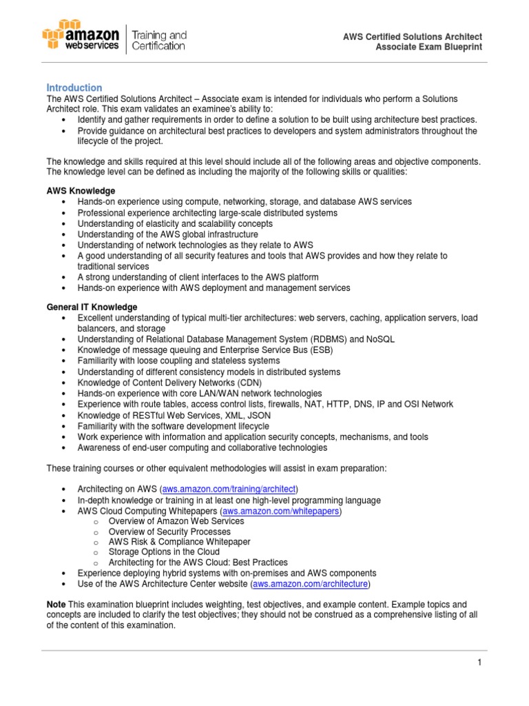 AWS Certified Solutions Architect Associate Blueprint PDF | PDF