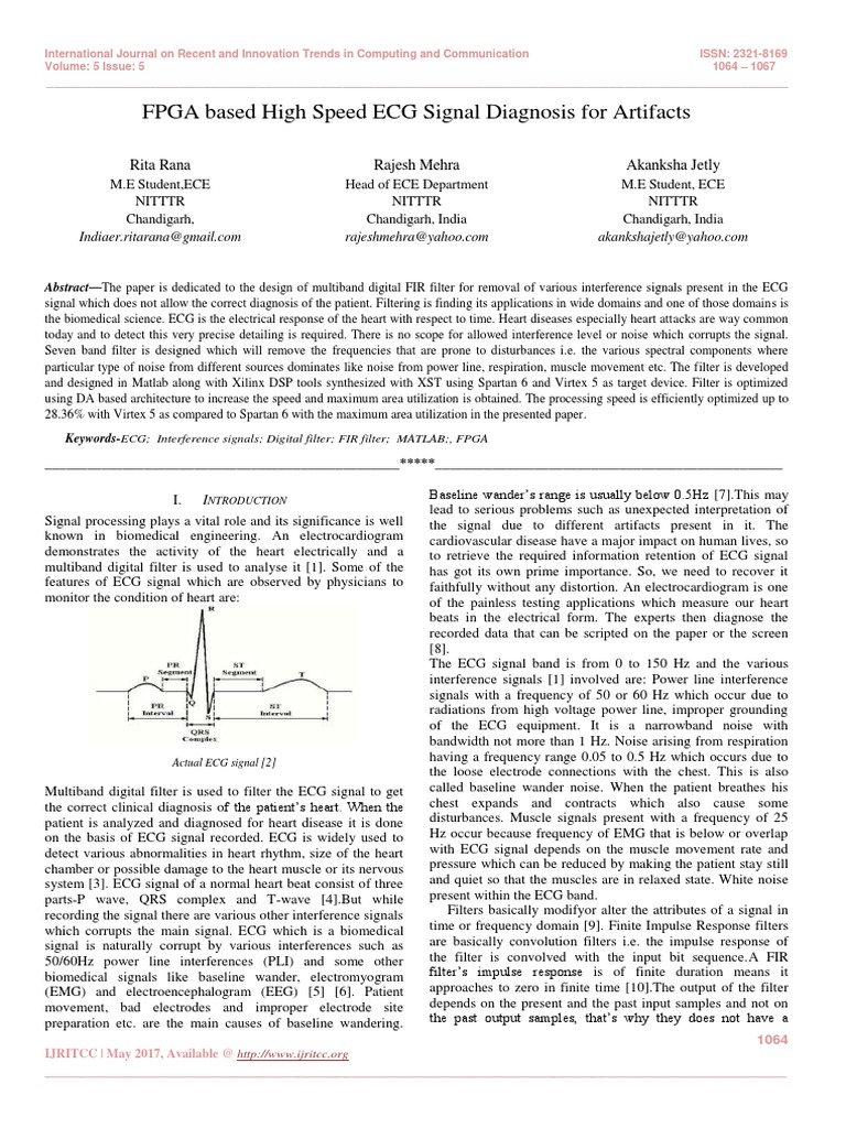 Fpga Based High Speed Ecg Signal Diagnosis For Artifacts Pdf Filter Signal Processing
