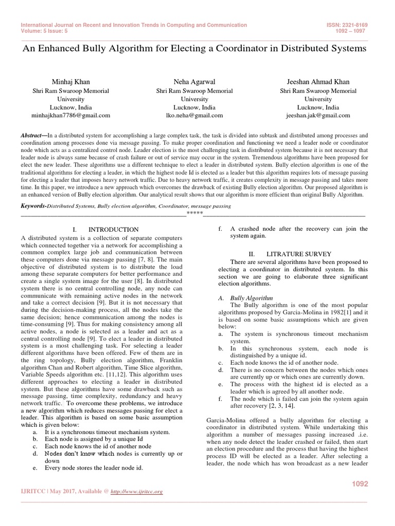 An Enhanced Bully Algorithm For Electing A Coordinator In Distributed Systems Pdf