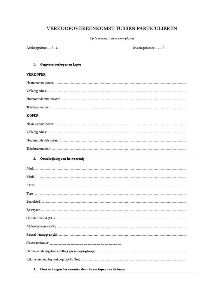 Verkoopovereenkomst Tweedehandsvoertuig Model