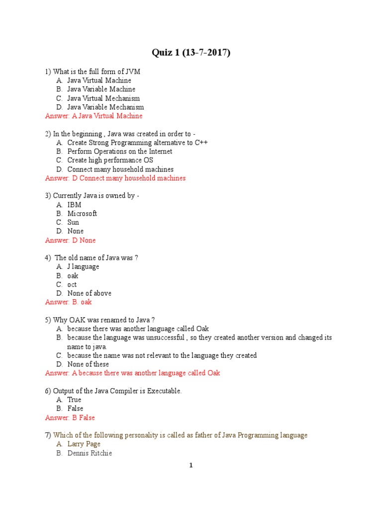 Java Quiz 1 Pdf