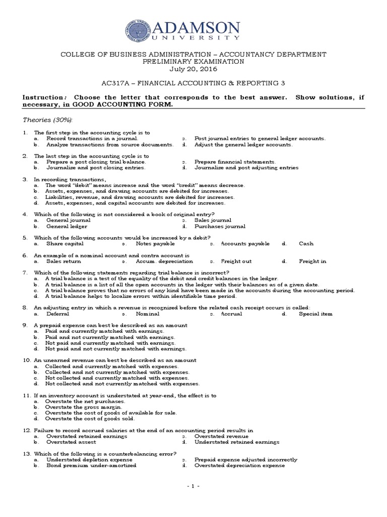 Preliminary Examination FINACC3 | PDF