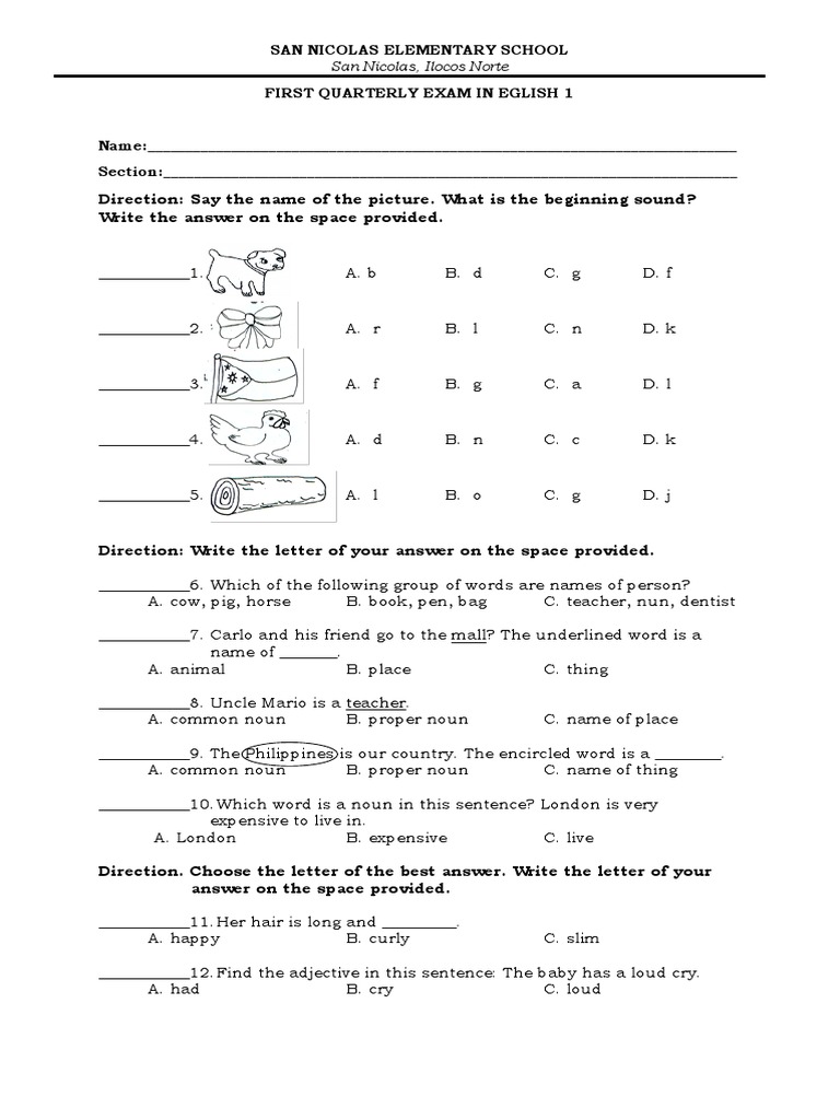 First Quarterly Exam in Eglish 1 | PDF | Noun | Style (Fiction)
