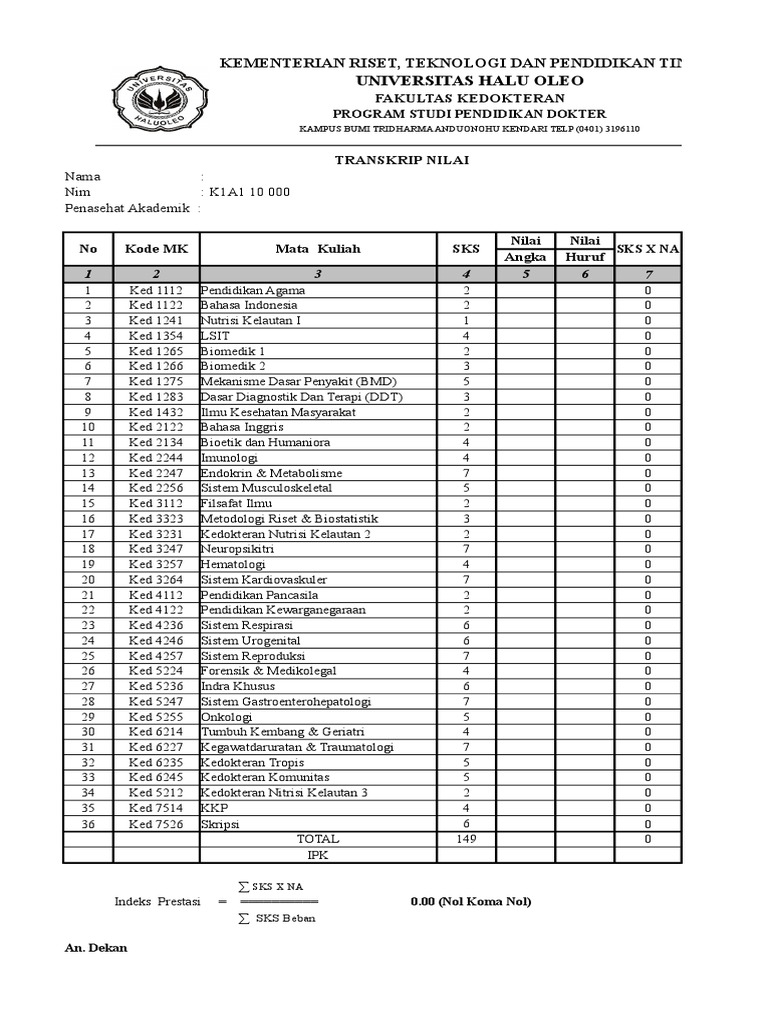 Transkrip Nilai Program S1 Kedokteran | PDF