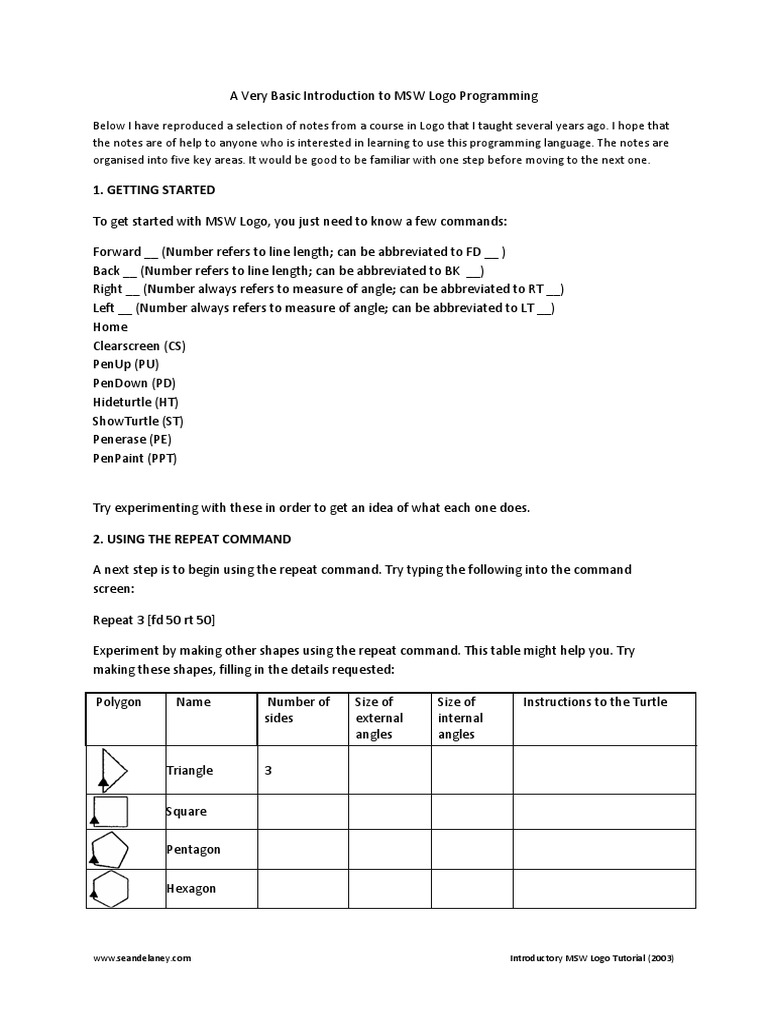 A Very Basic Introduction To Logo Programming Pdf Pdf