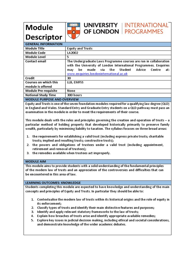 Equity and Trusts Module Descriptor | PDF | Trust Law | English Trust Law