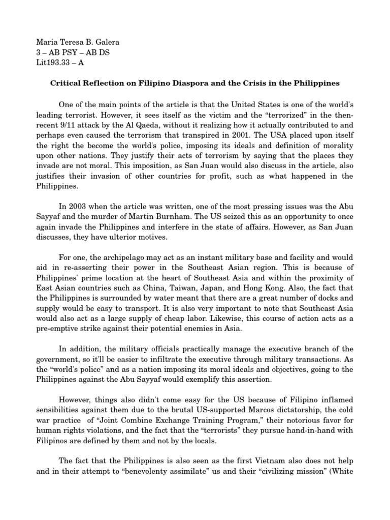 Critical Reflection On Filipino Diaspora and The Crisis in The ...