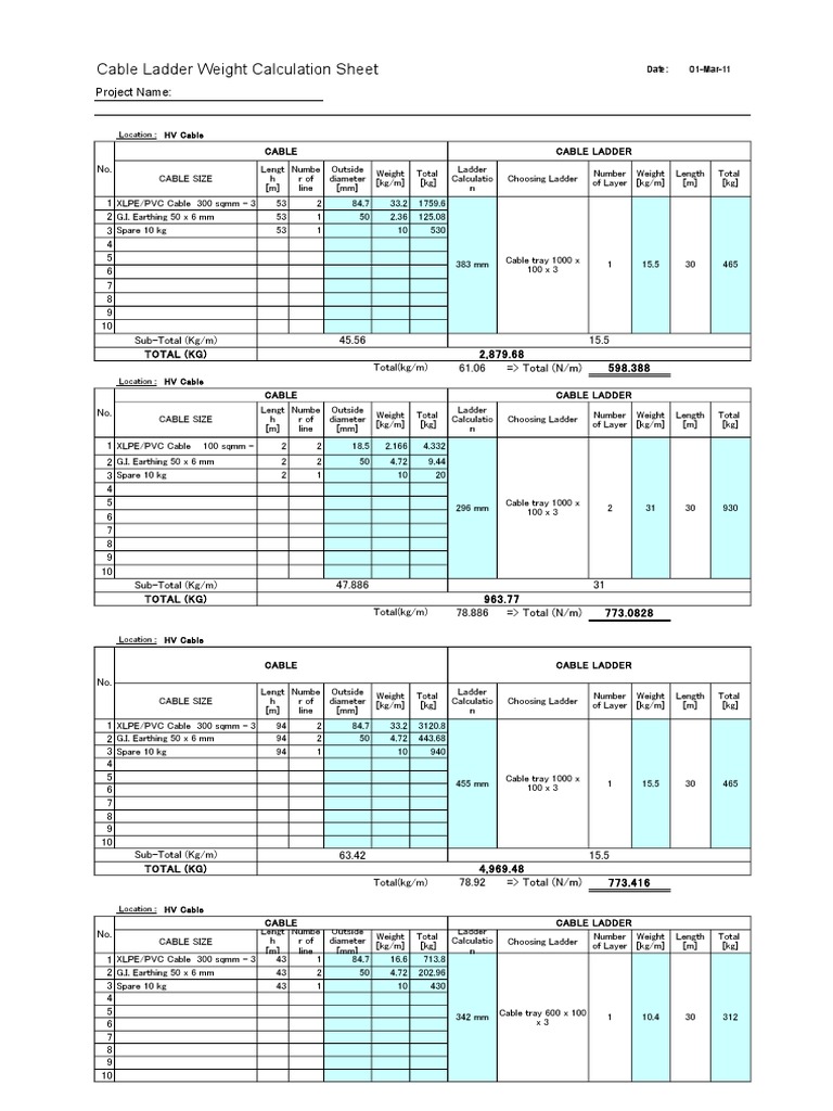 Cable,Tray,Earthing Wt Calculation
