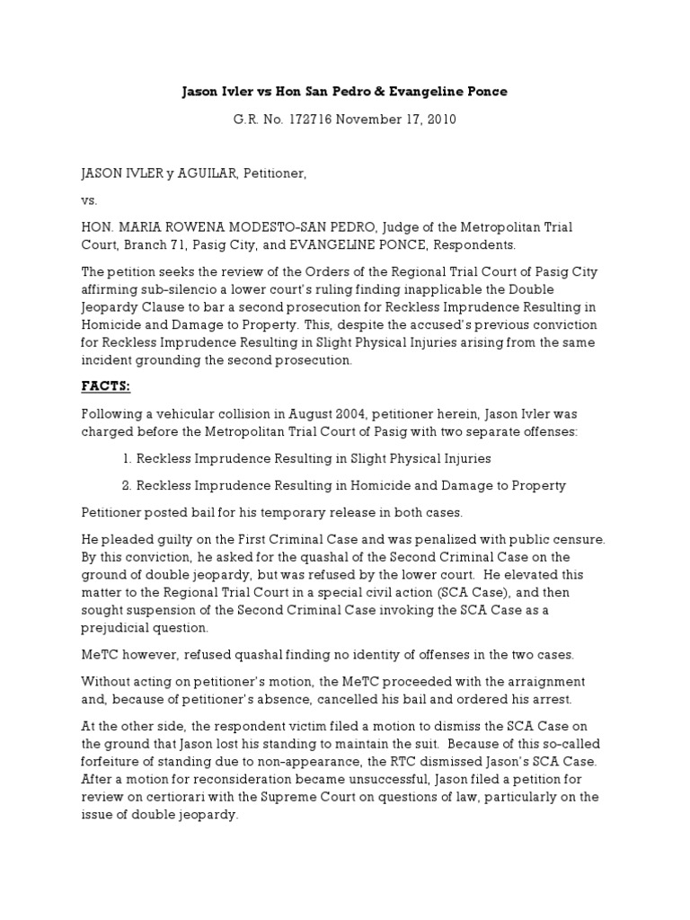 Jason Ivler Vs Hon San Pedro & Evangeline Ponce | PDF | Felony | Crime ...