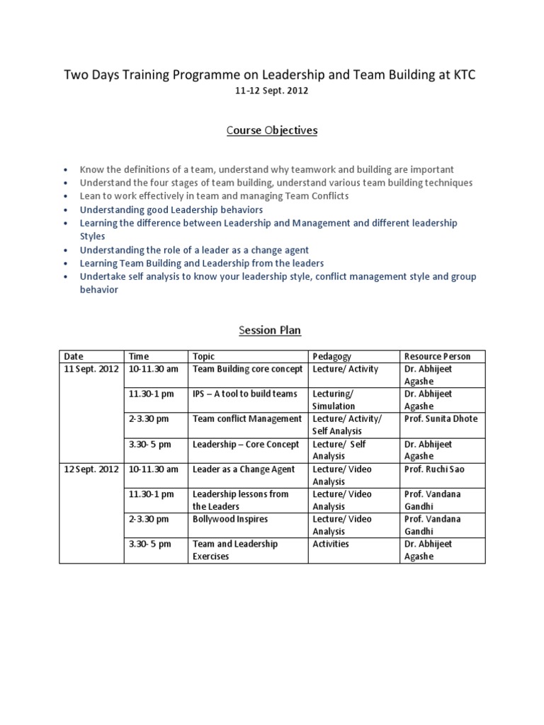 Two Days Training Programme On Leadership and Team Building at KTC | PDF