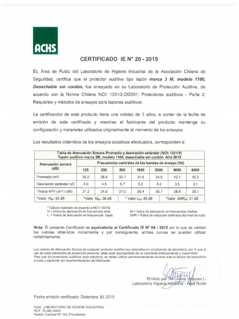 Certificado Calidad Tapon Espuma 3m 1100 Disp200pr Sin Cordon 51095 1 | PDF