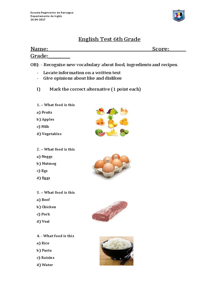 English Test 6th Grade | PDF | Sausage | Hamburgers