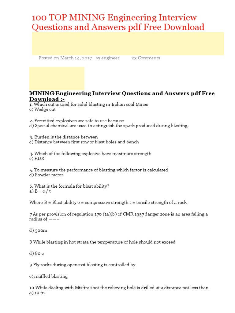 @100 TOP MINING Engineering Interview Questions Answers | PDF | Coal Mining | Carbon