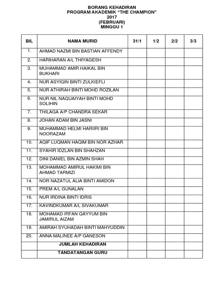 Senarai Nama Murid The Champion | PDF