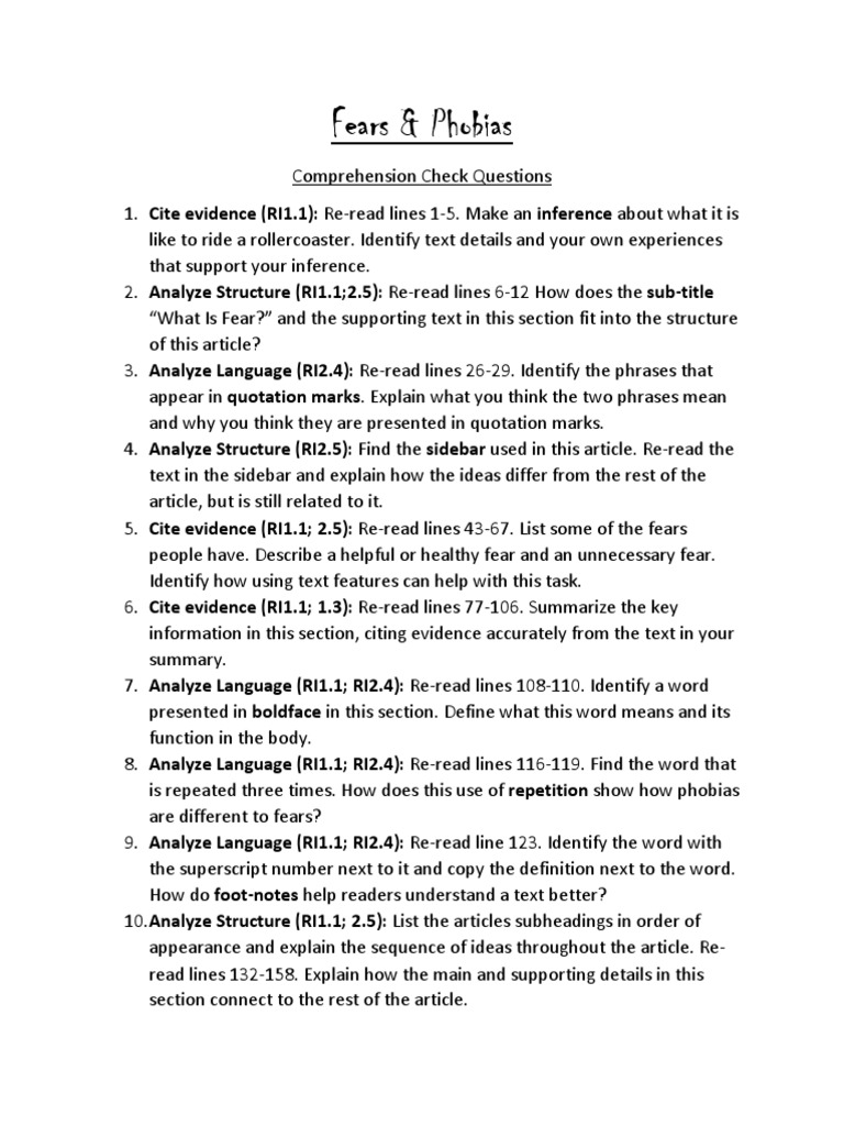 Fears and Phobias Comprehension Guide | PDF