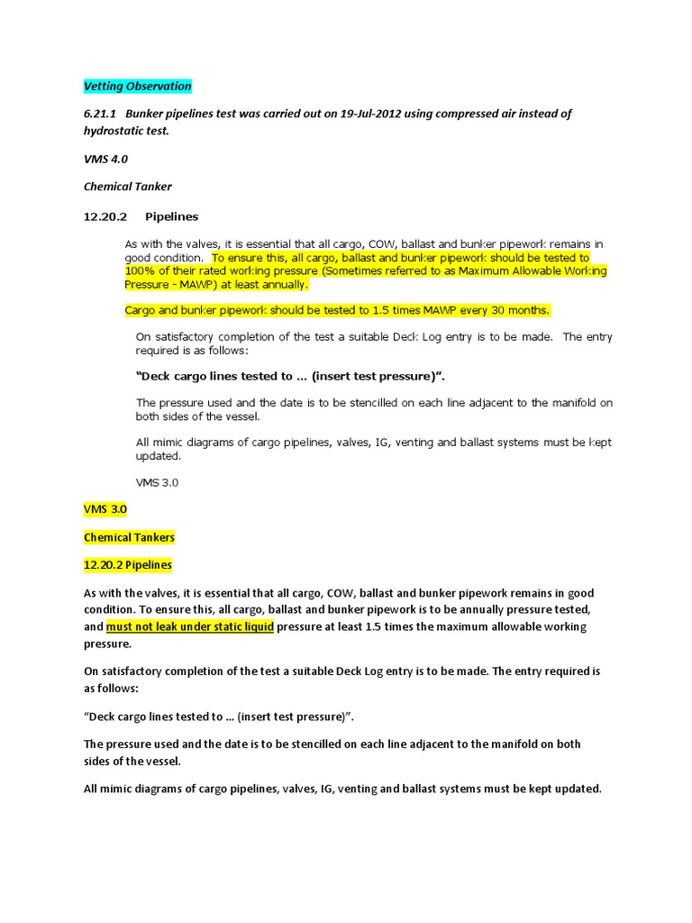 Bunker Lines Testing | PDF | Oil Tanker | Pressure