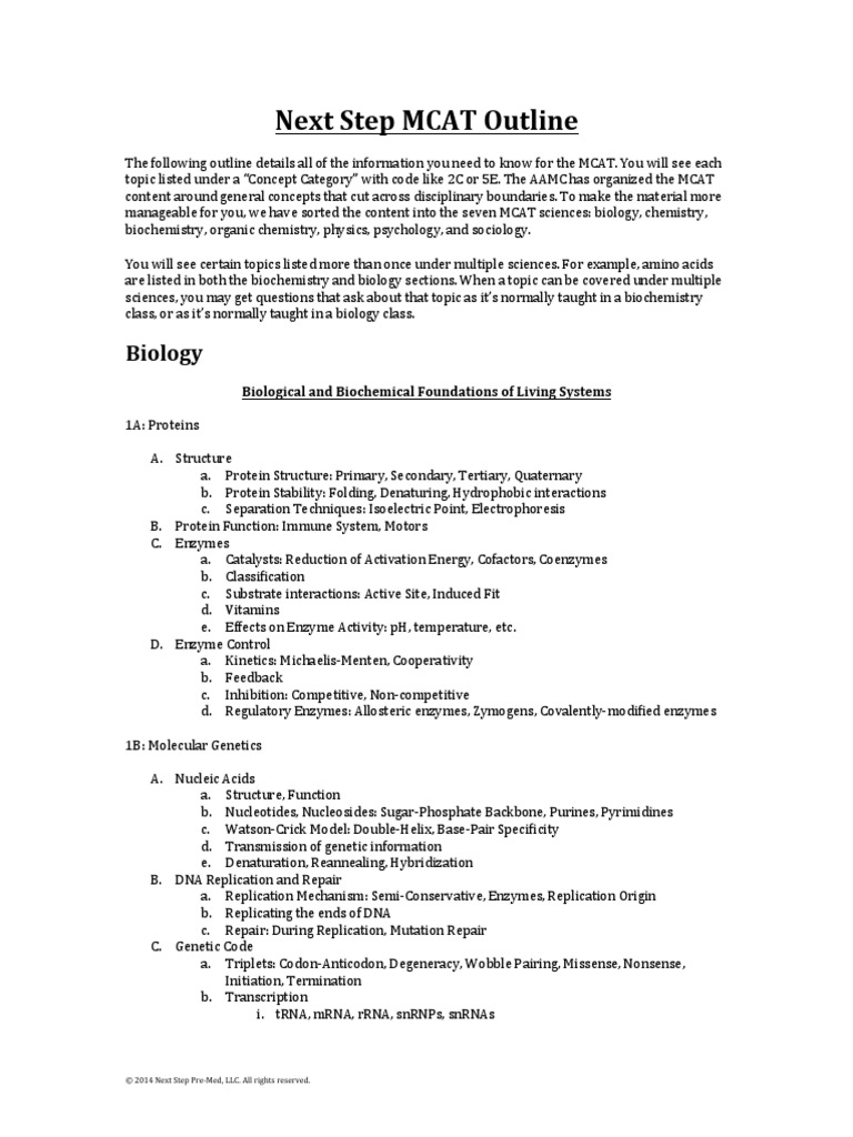 Next-Step MCAT Outline | PDF | Metabolism | Enzyme