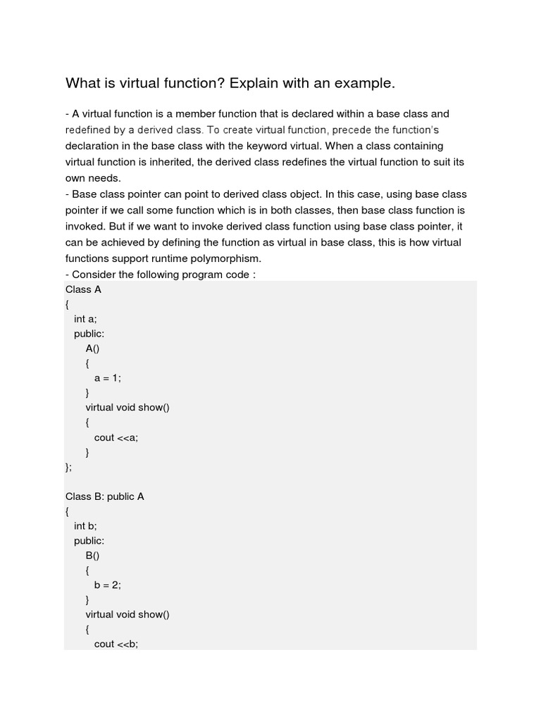 Virtual Function | PDF | Inheritance (Object Oriented Programming) | Class (Computer Programming)
