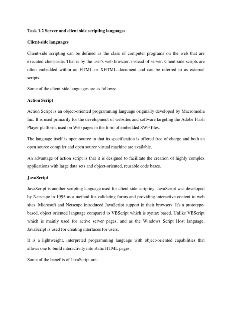 Task 1.2 Server and Client Side Scripting Languages Client-Side Languages | PDF | Dynamic Web ...