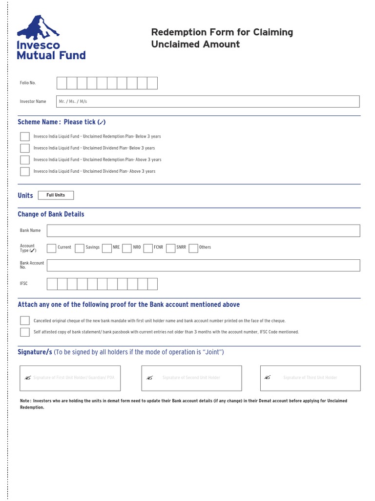 Redemption Form For Claiming Unclaimed Amount: Scheme Name: Please Tick ...