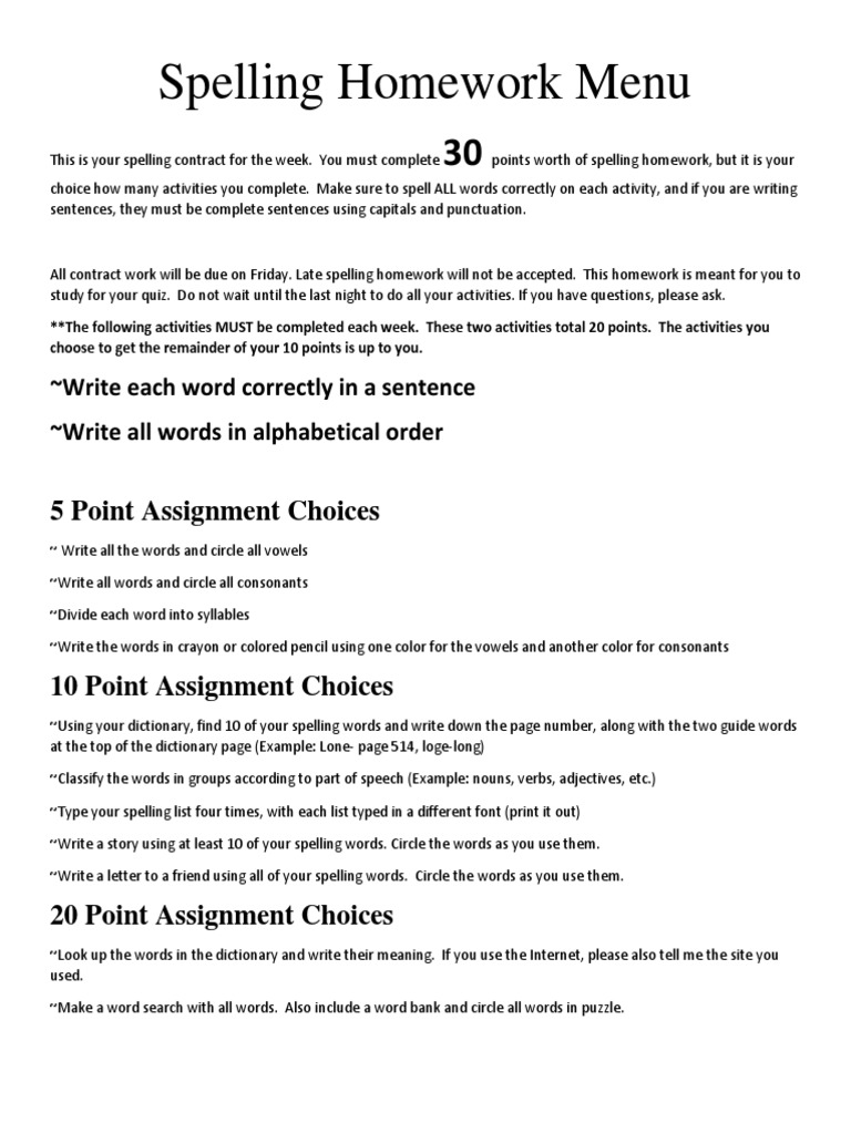 Spelling Homework Menu: 5 Point Assignment Choices | PDF