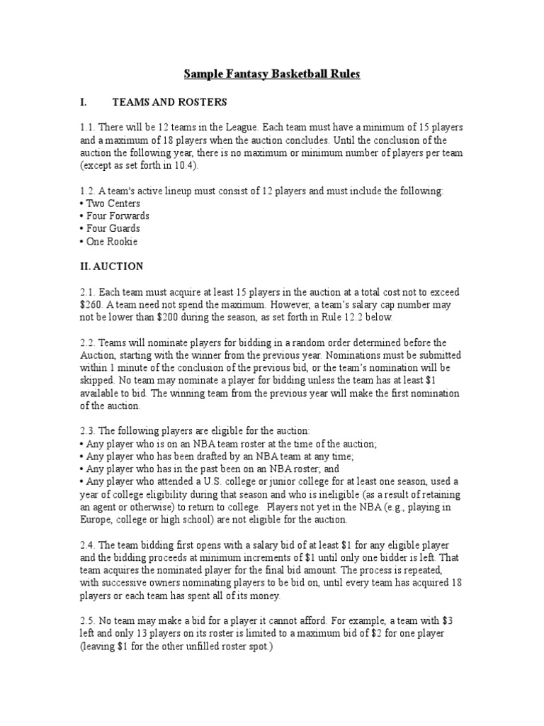 Fantasy Basketball Auction Rules | PDF | Auction | Sports