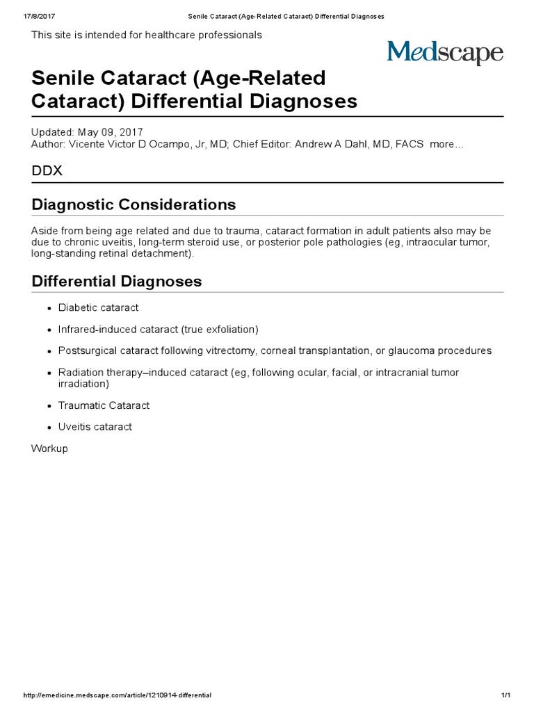 Senile Cataract (Age-Related Cataract) Differential Diagnoses PDF | PDF