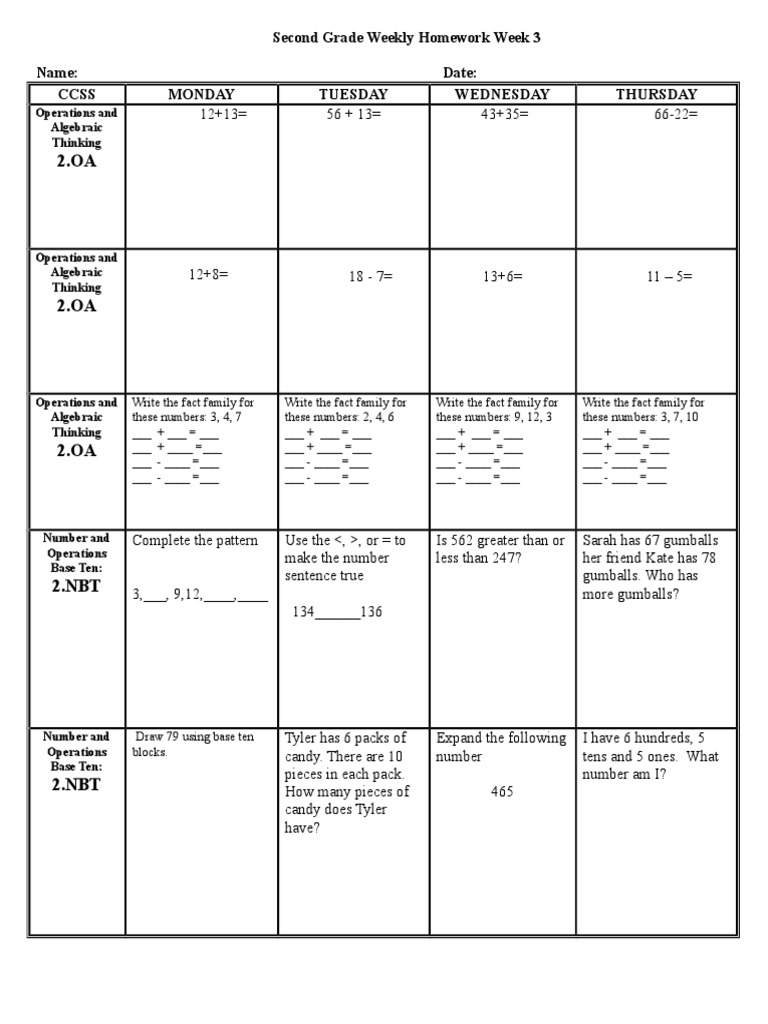 Second Grade Weekly Homework Week 3 Name: Date: Ccss Monday Tuesday ...