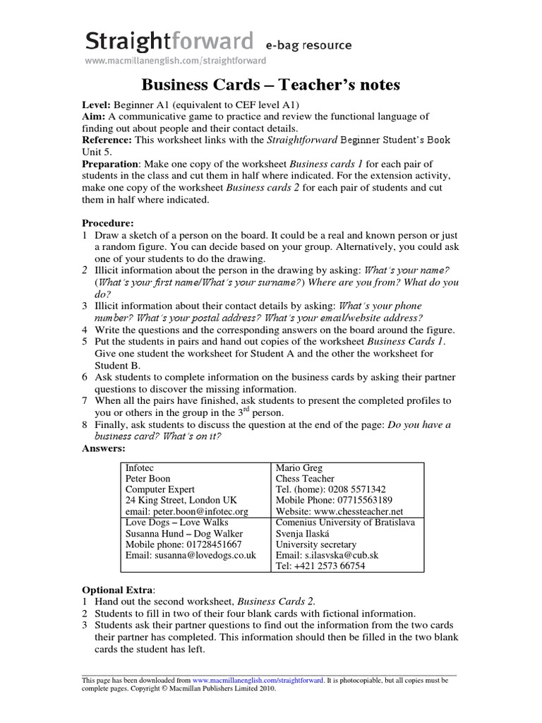 Business Cards - Teacher's Notes | PDF | Computing | Communication