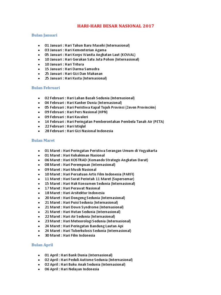 Hari Penting Libur Nasional 2017 | PDF