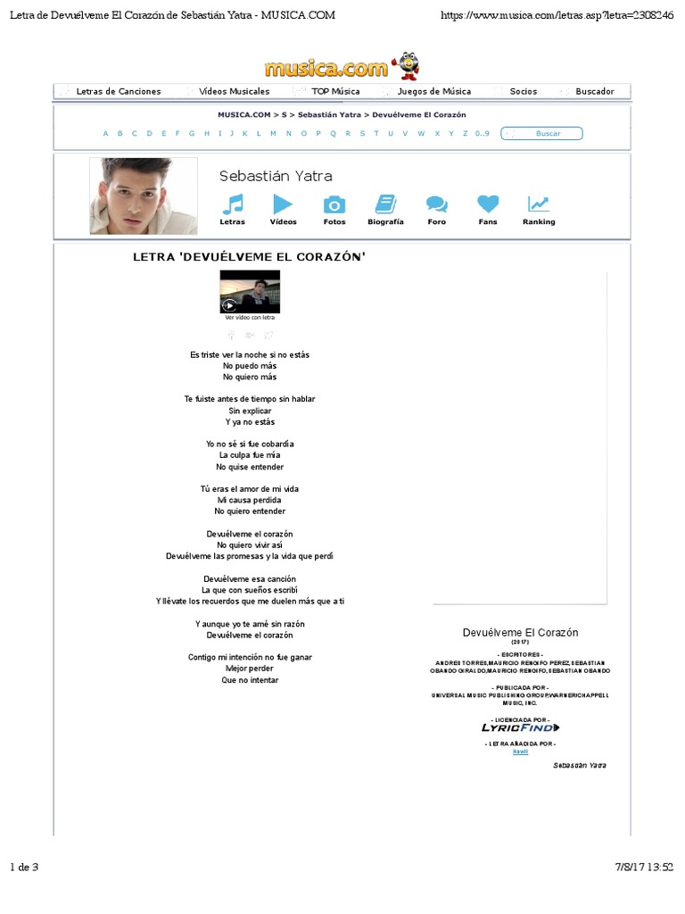 Letra de Devuélveme El Corazón de Sebastián Yatra | PDF | Personas | Ocio