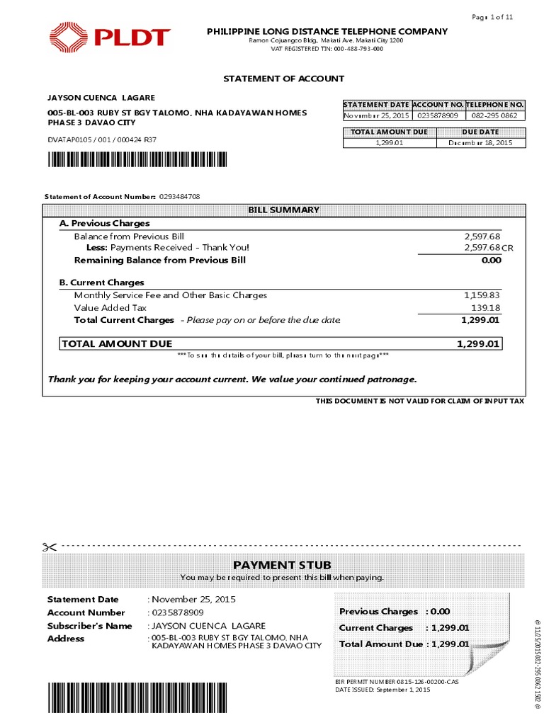 Phone Bill(PLDT) | Value Added Tax | Payments