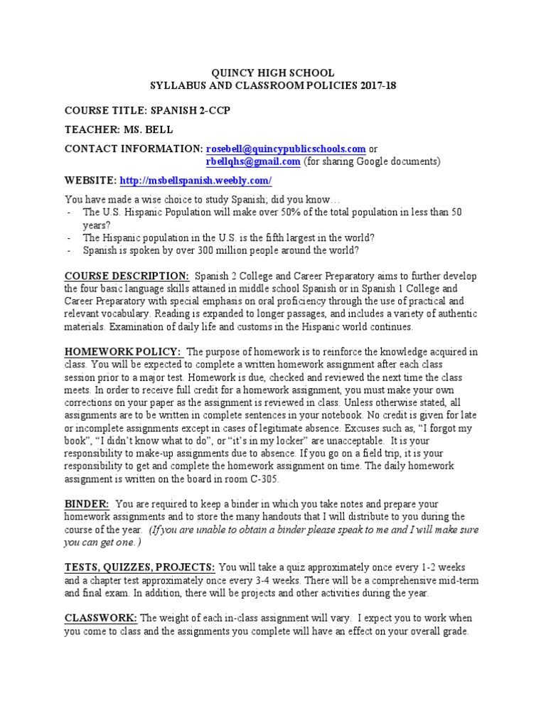Course Contract Spanish2ccp 2017-18 | PDF | Homework | Syllabus