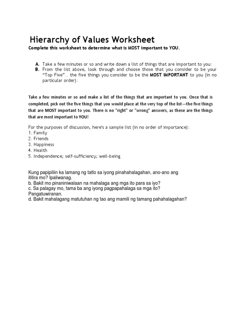 Hierarchy of Values Worksheet | PDF
