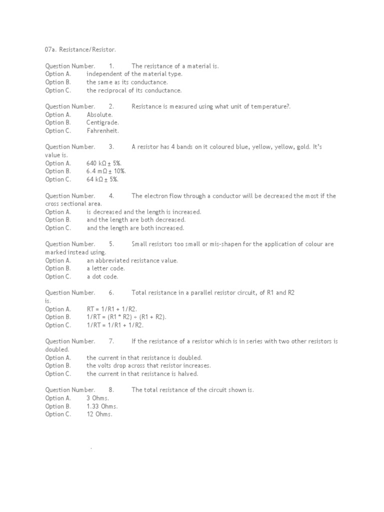 Resistor and Resistance Quiz | PDF | Electrical Resistance And ...