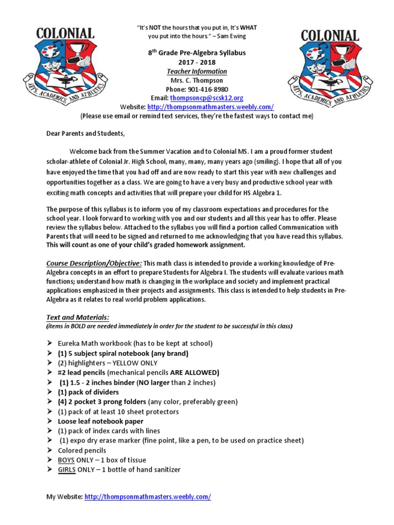 Mrs C Thompson 8th Grade Pre Algebra Syllabus 2017-2018 | PDF ...