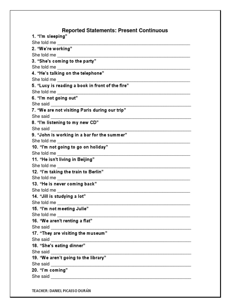 Reported Statements: Present Continuous: Teacher: Daniel Picasso Durán | PDF | Leisure