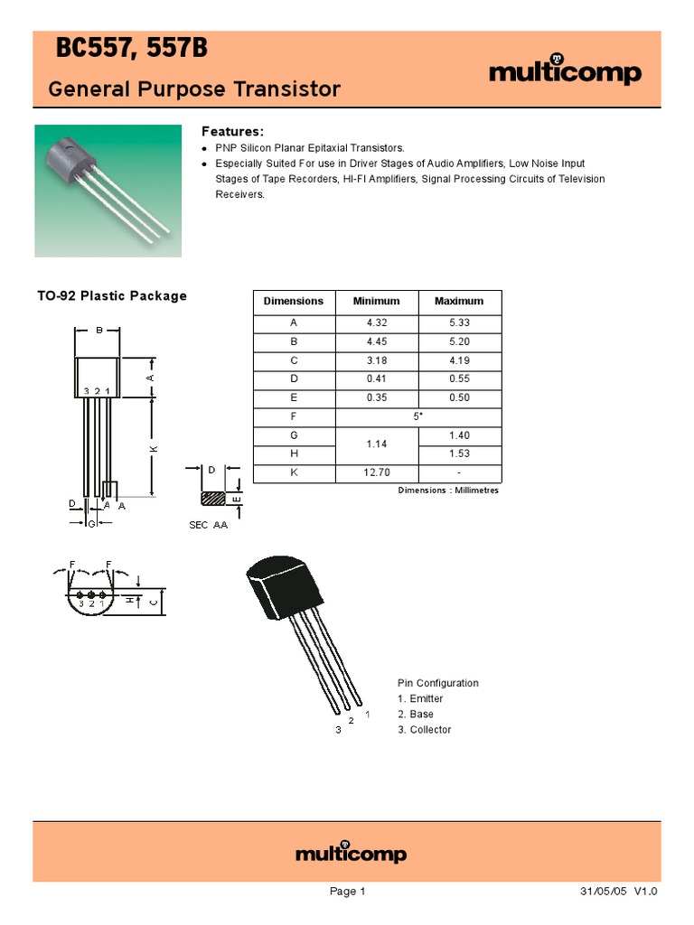 BC557 Datasheet | PDF | Bipolar Junction Transistor | Amplifier