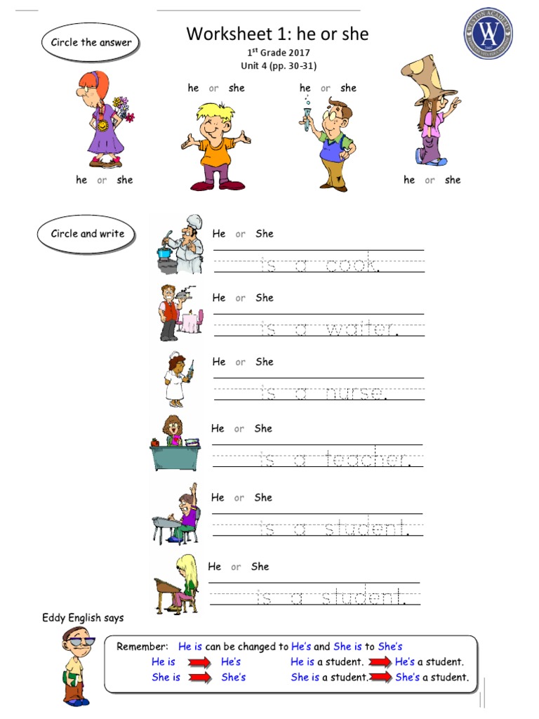 Worksheet 1: He or She: 1 Grade 2017 Unit 4 (Pp. 30-31) | PDF