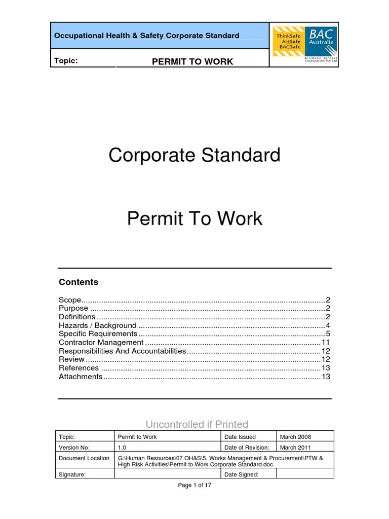 Permit To Work Corporate Standard | PDF | Occupational Safety And ...
